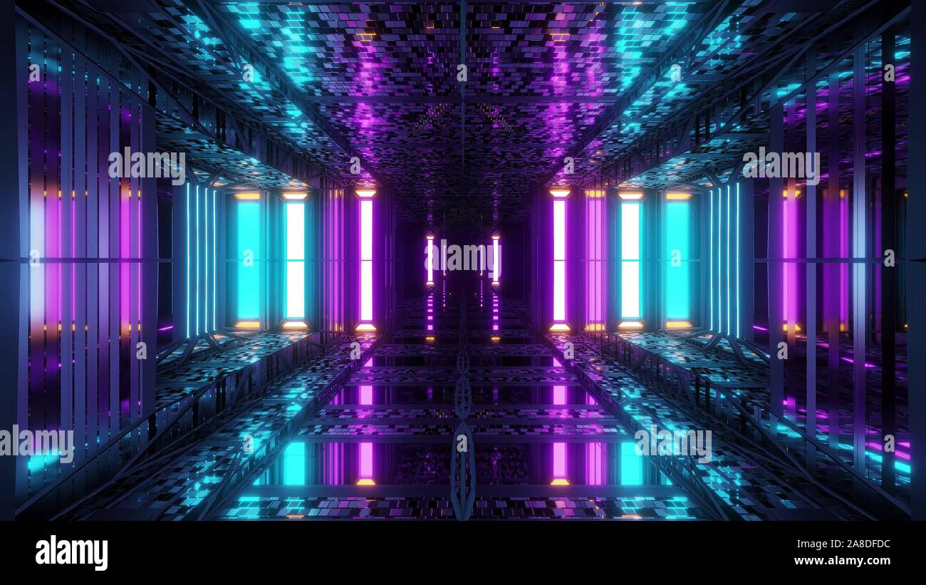 futuristic sci-fi space hangar tunnel corridor with reflective bricks ...