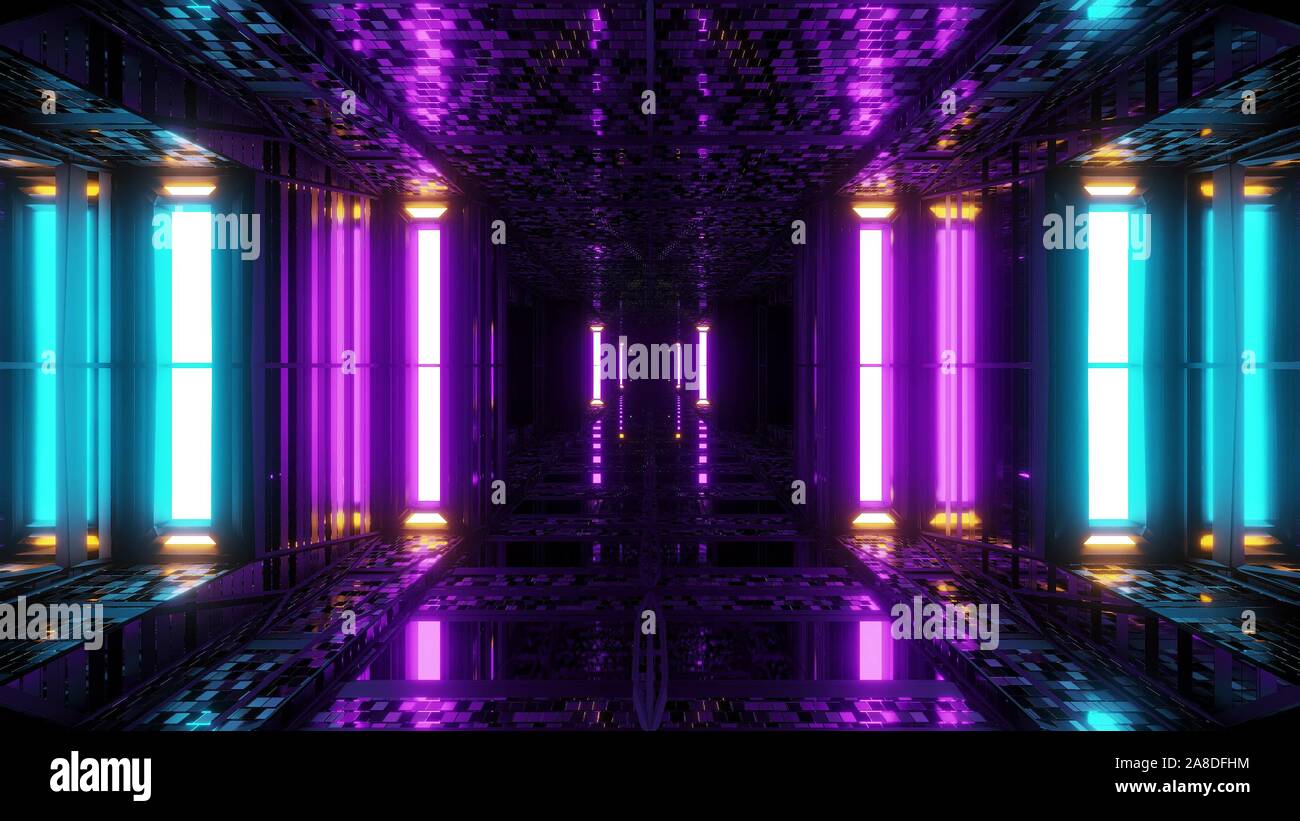 futuristic sci-fi space hangar tunnel corridor with reflective bricks ...