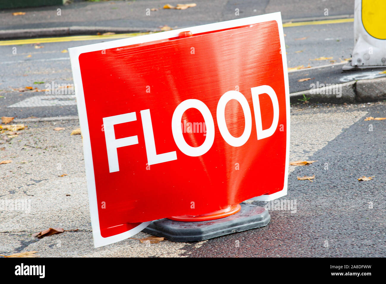 Flood warning sign battered hi-res stock photography and images - Alamy