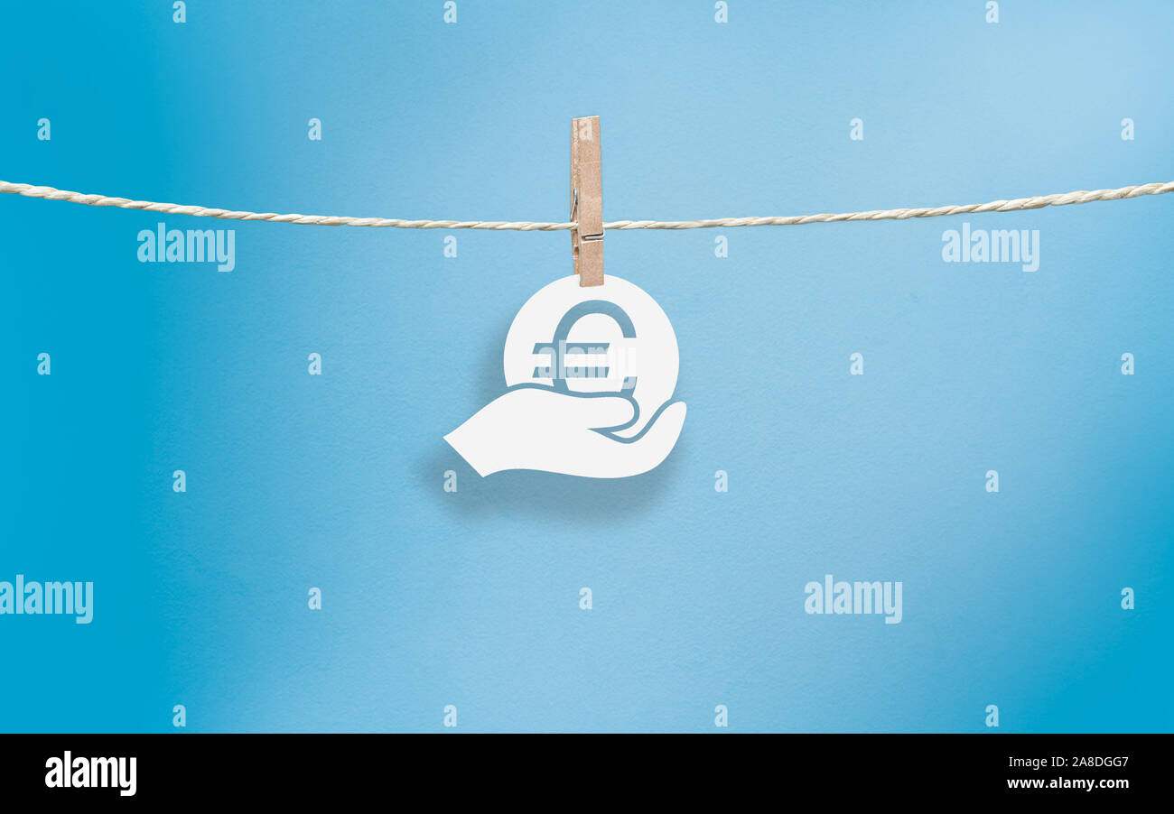 Cut out Euro Currency icon in white cut out paper on blue background ...