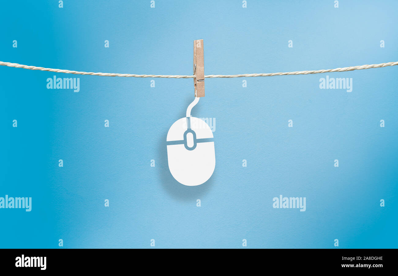 Cut out Computer Mouse icon in white cut out paper on blue background ...