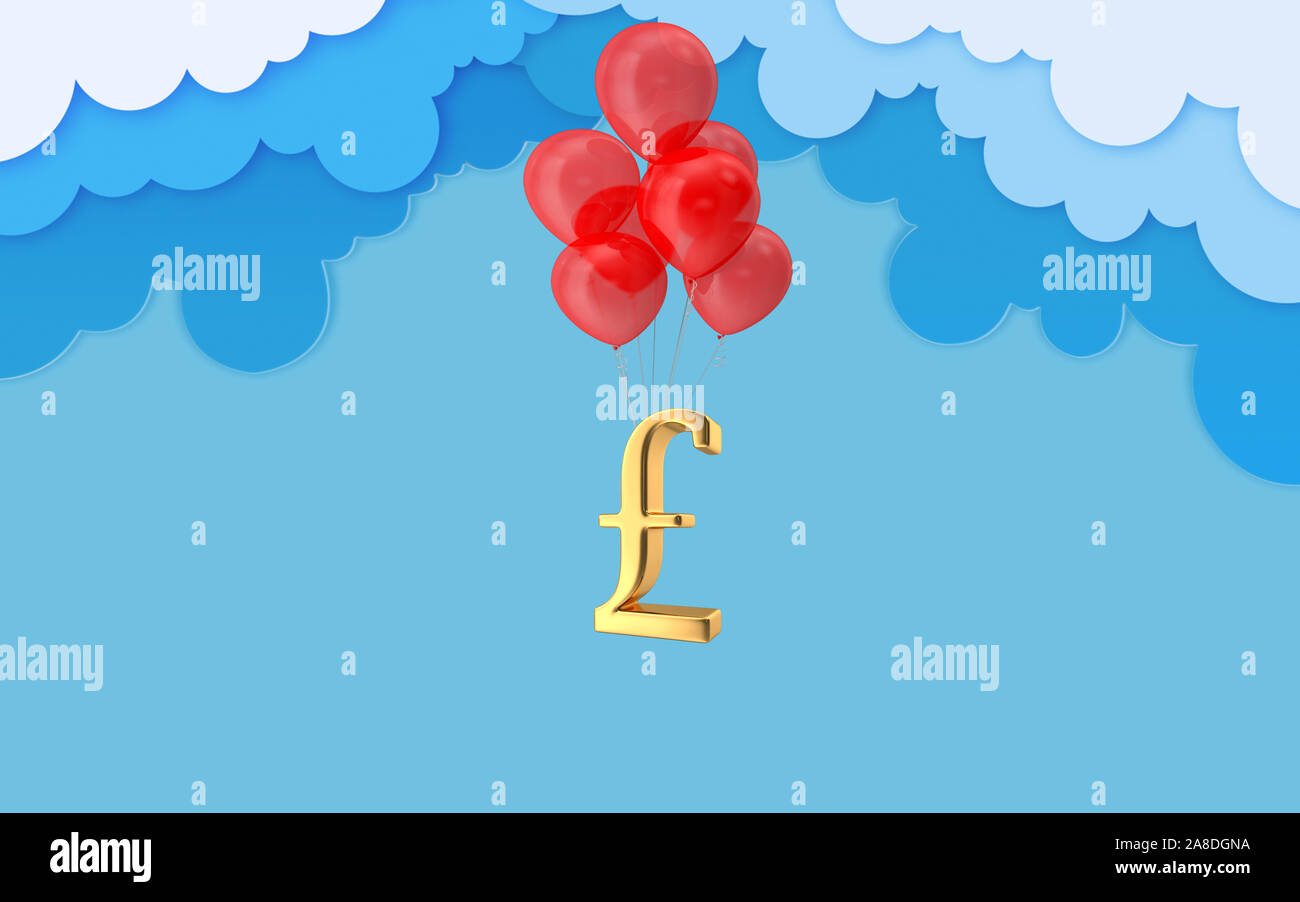 Pound Symbol is hanging on red balloons and flying. Business and ...