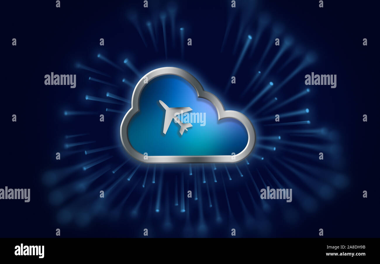 Airplane icon in a metallic cloud representing wireless technology on ...