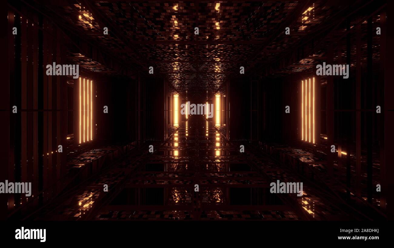 futuristic sci-fi space hangar tunnel corridor with reflective bricks ...