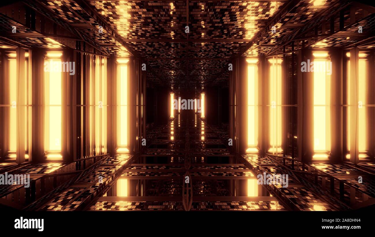 futuristic sci-fi space hangar tunnel corridor with reflective bricks ...