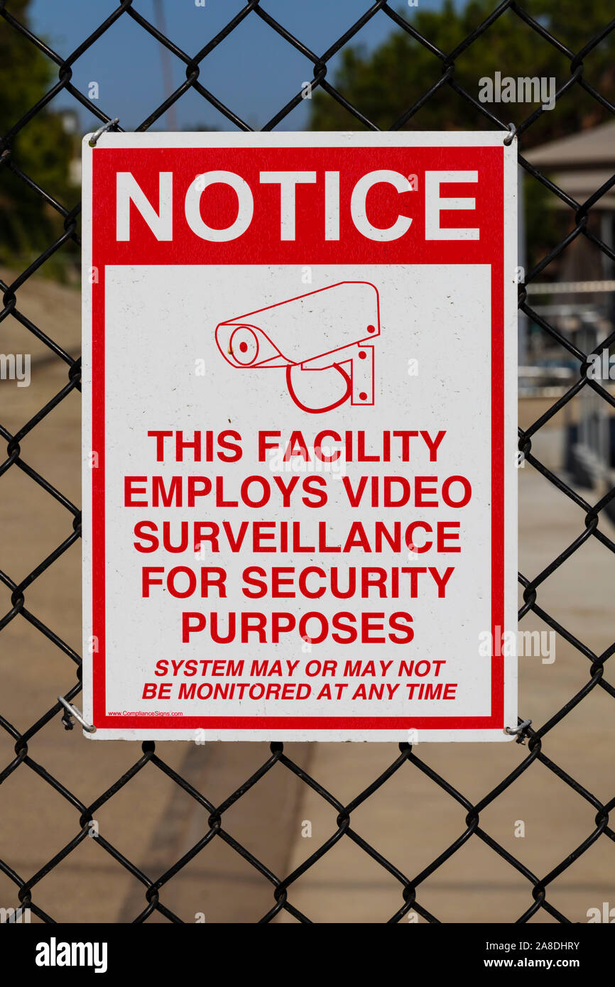 Warning sign tha video surveillance is in progress. Santa Monica, Los ...