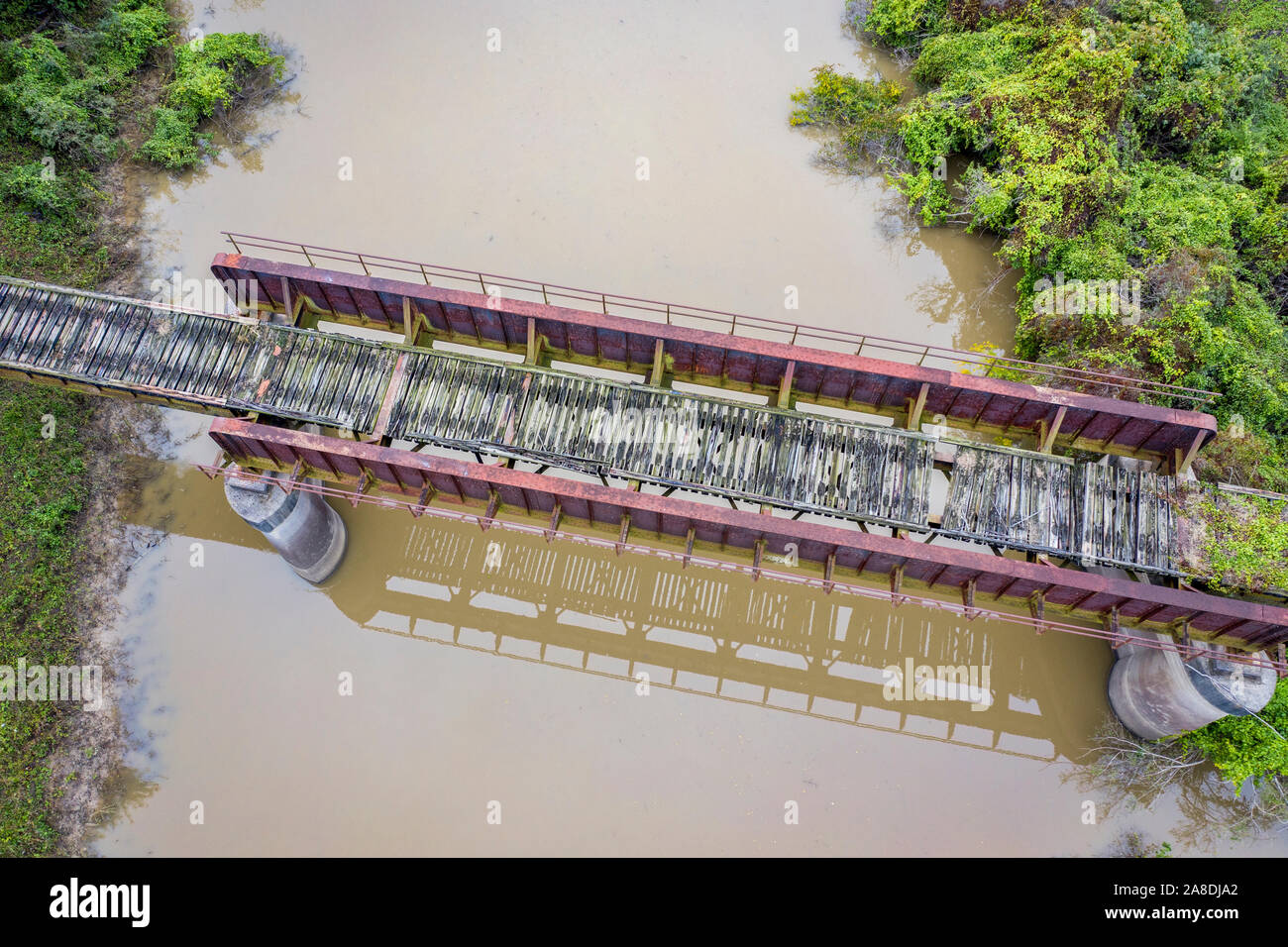 trestle of abandoned railway across Cache River in Illinois above ...