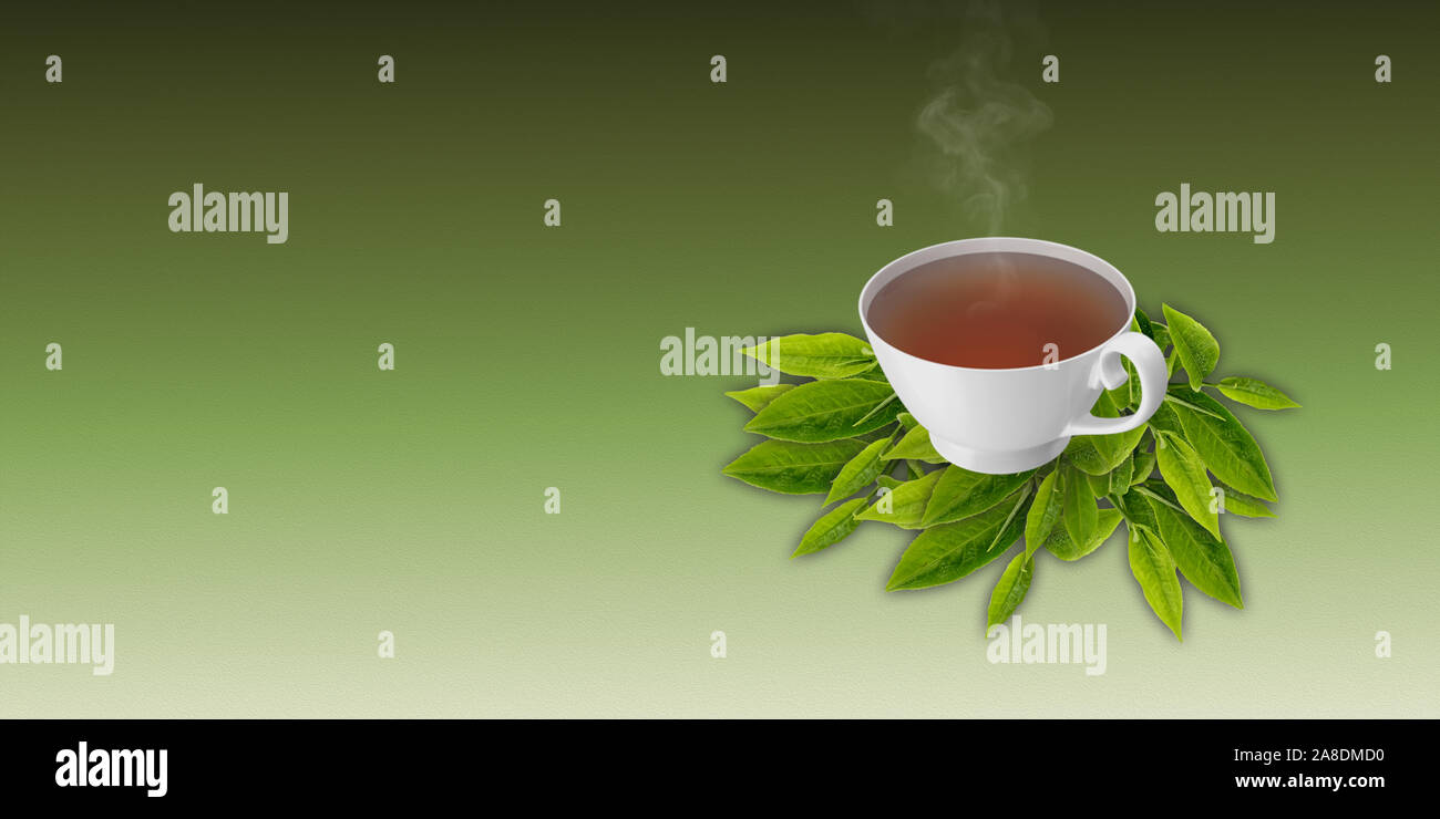 Warm tea in a tea cup over leaf with smoke against green background. 3D ...