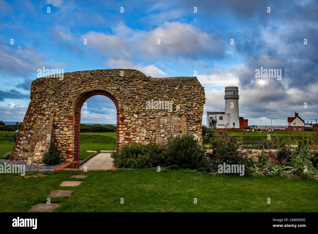 Hunstanton lighthouse and the ruins of St Edmunds Chapel in Norfolk, UK ...