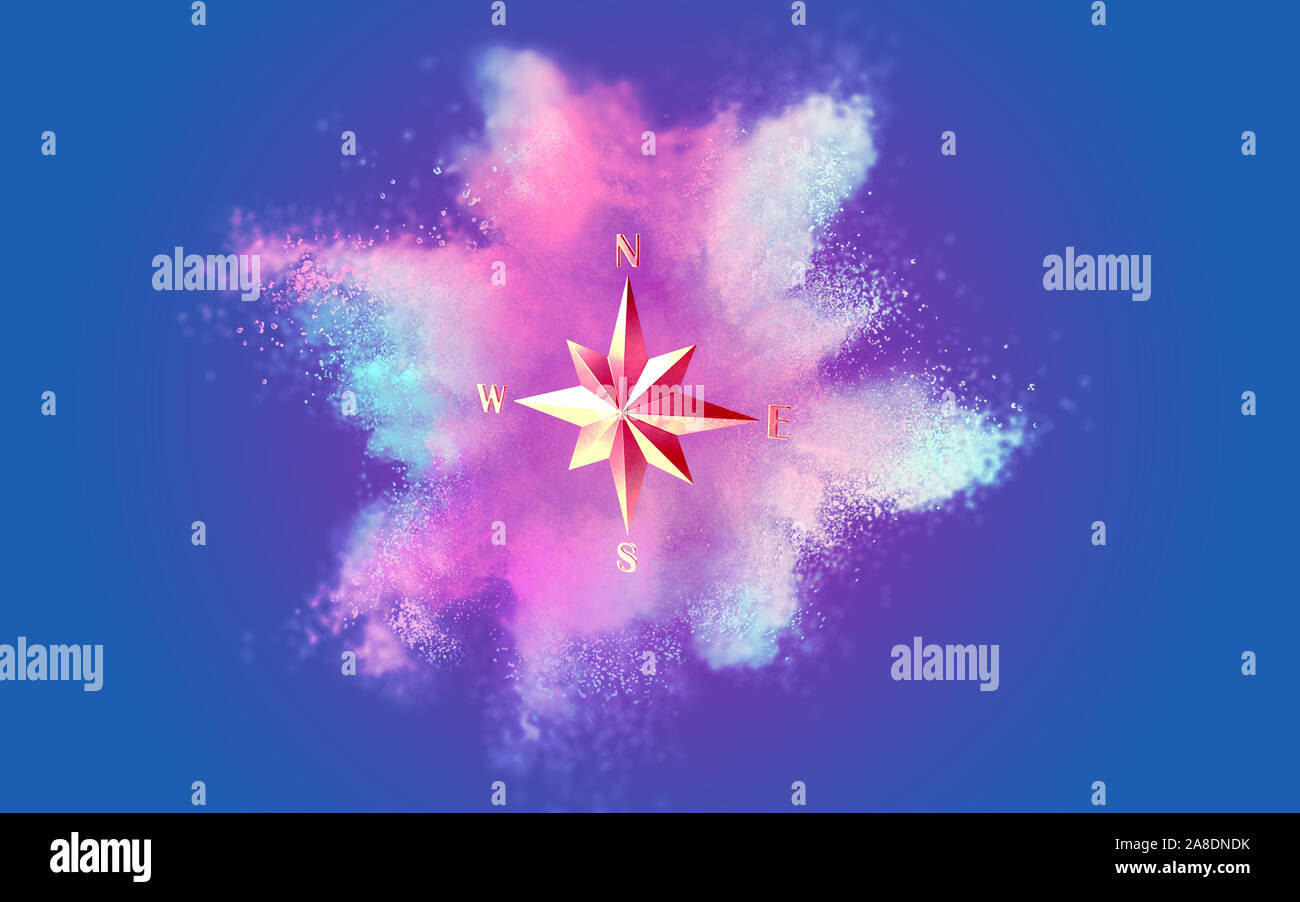 Navigational Compass symbol on abstract pastel coral purple and blue ...