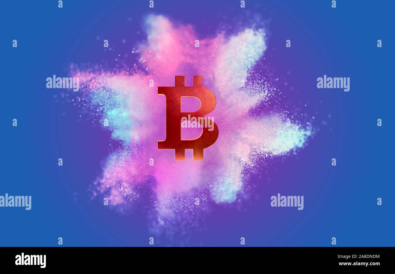 Bitcoin symbol on abstract pastel coral purple and blue color paint ...