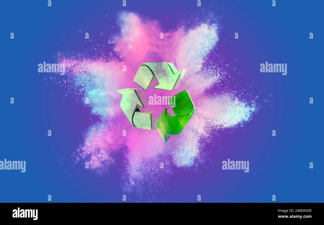 Recycling symbol on abstract pastel coral purple and blue color paint ...