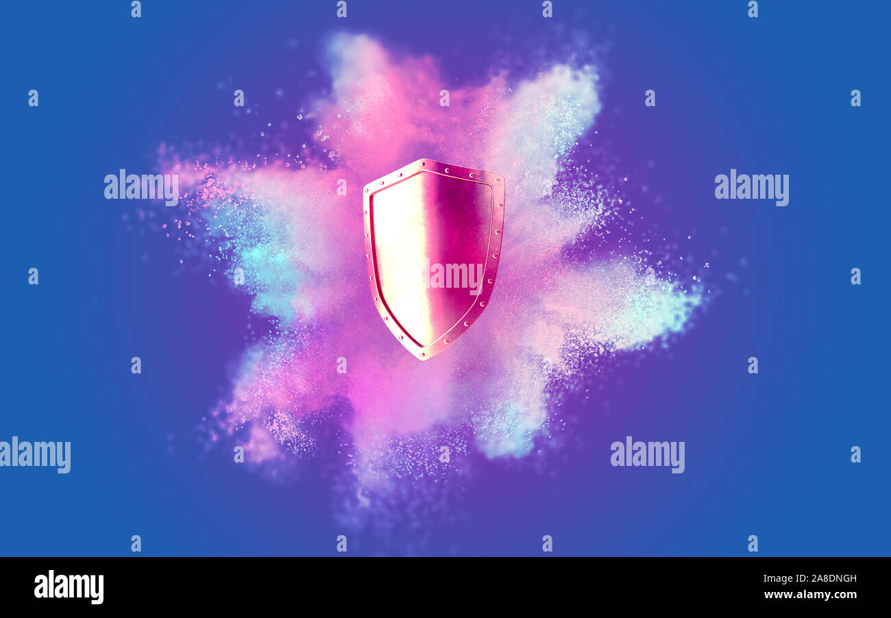 Shield symbol on abstract pastel coral purple and blue color paint with ...