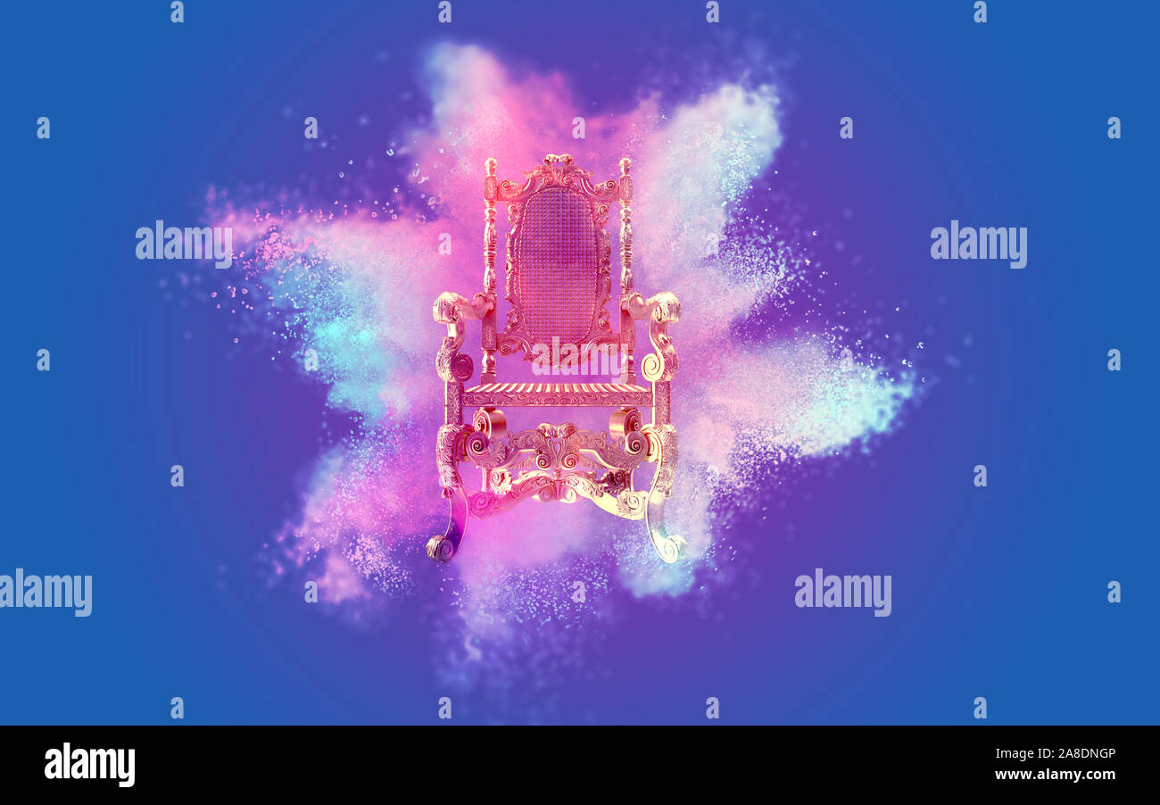 Golden Throne on abstract pastel coral purple and blue color paint with ...