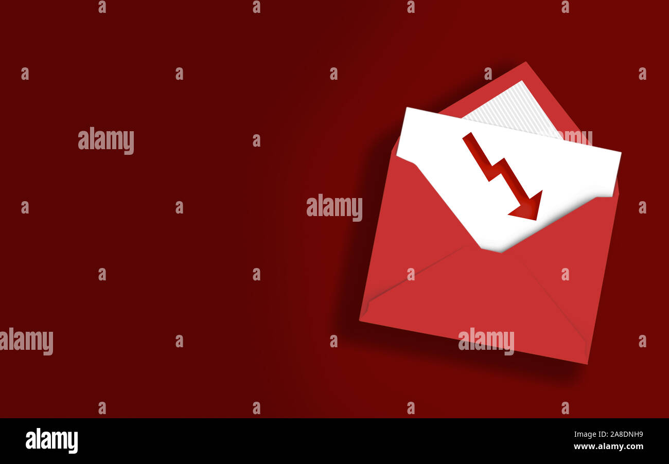 Business down arrow icon in an envelope on red background. High ...