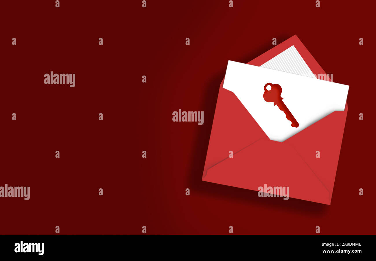 Key icon in an envelope on red background. High resolution image with ...