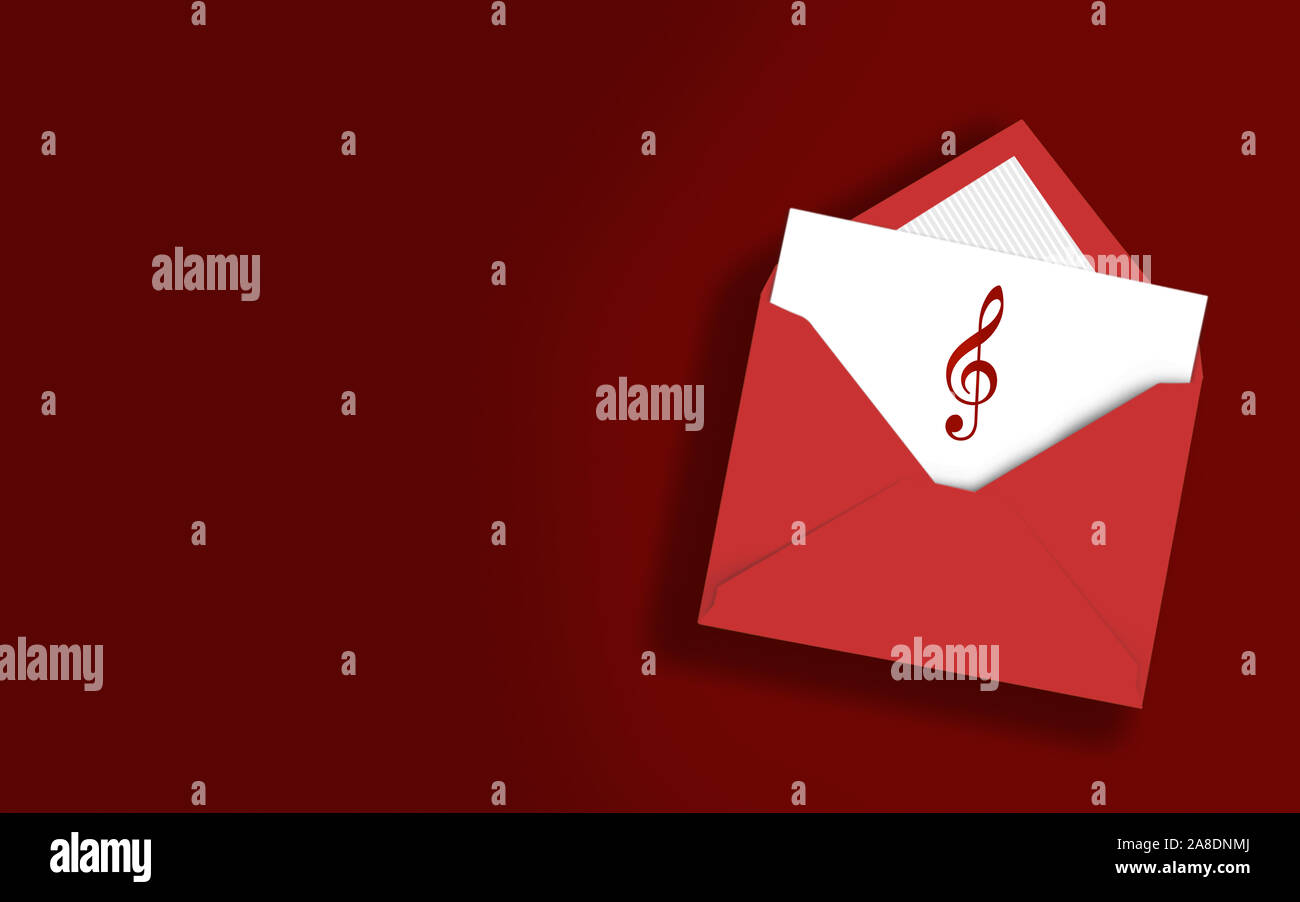 Music icon in an envelope on red background. High resolution image with ...