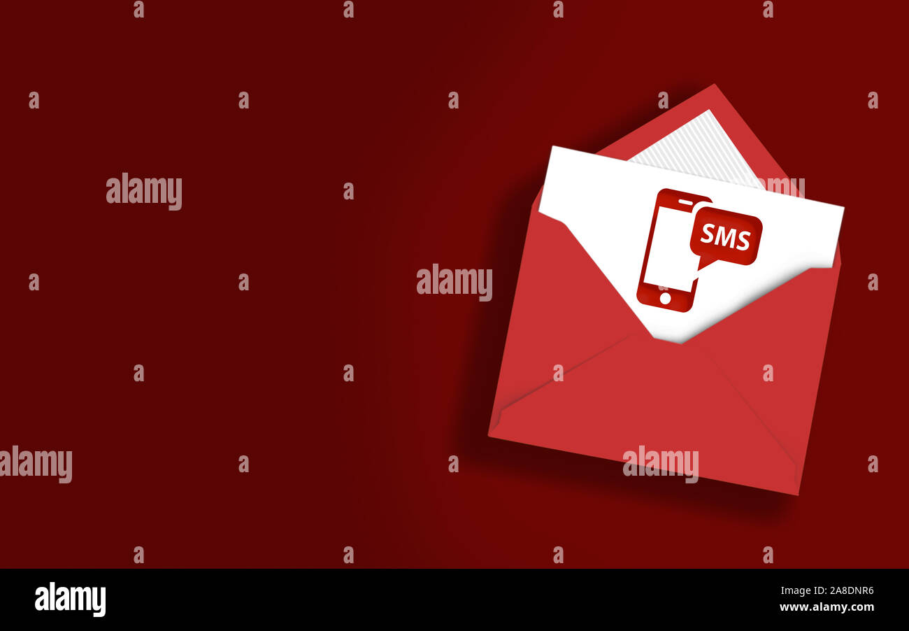 SMS icon in an envelope on red background. High resolution image with ...