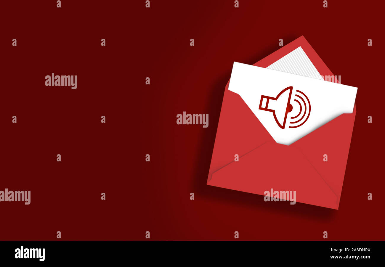 Sound icon in an envelope on red background. High resolution image with ...