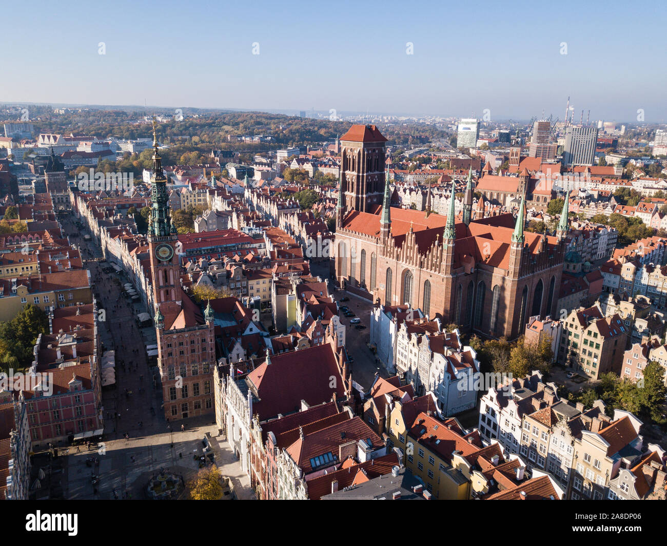 Aerial view from drone on St. Mary Cathedral and City Hall spire clock ...