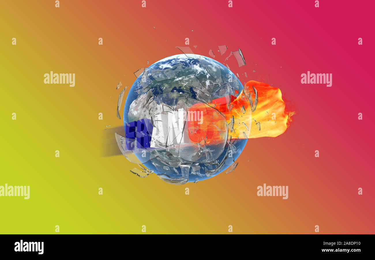 French flag is burning with flame shape of fist and breaking a glass ...
