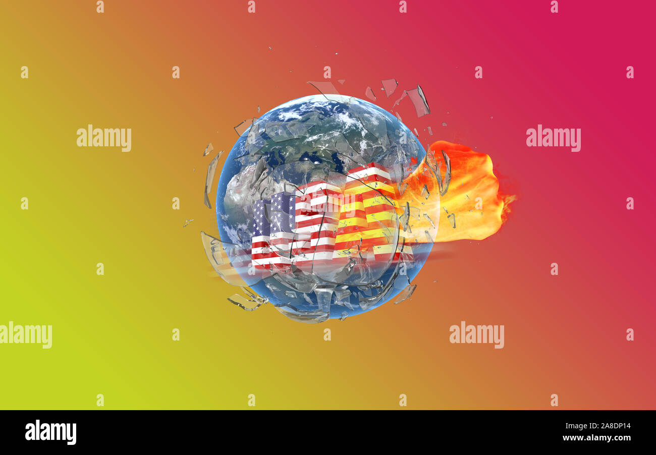 USA flag is burning with flame shape of fist and breaking a glass ...