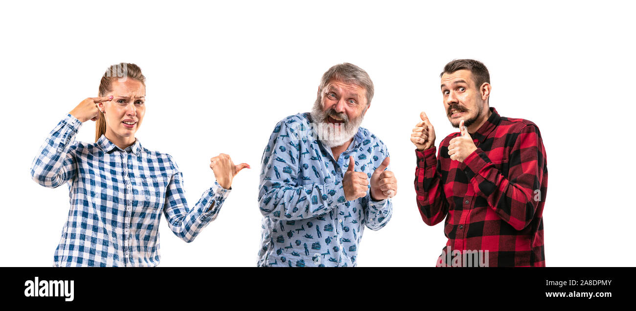 Family members arguing with one another on white studio background ...