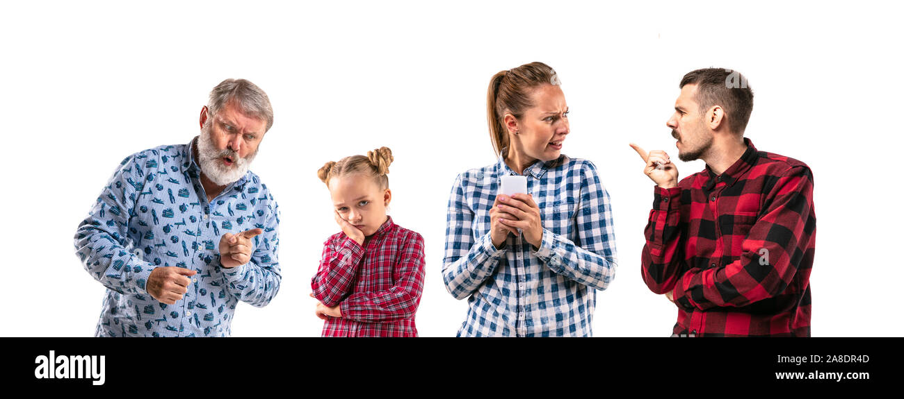 Family members arguing with one another on white studio background ...