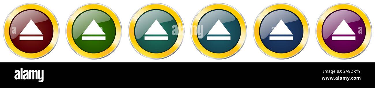 Eject glossy icon set, silver metallic golden vector illustrations in 6 ...