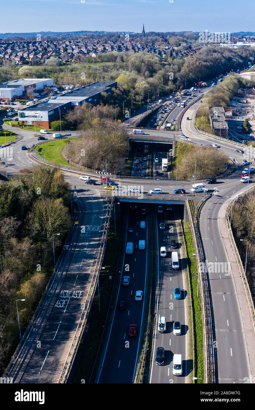 Aerial view of the A50 motorway intersection in Stoke on Trent in ...