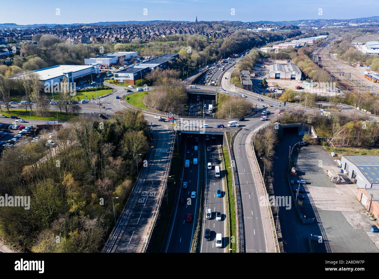 Aerial view of the A50 motorway intersection in Stoke on Trent in ...