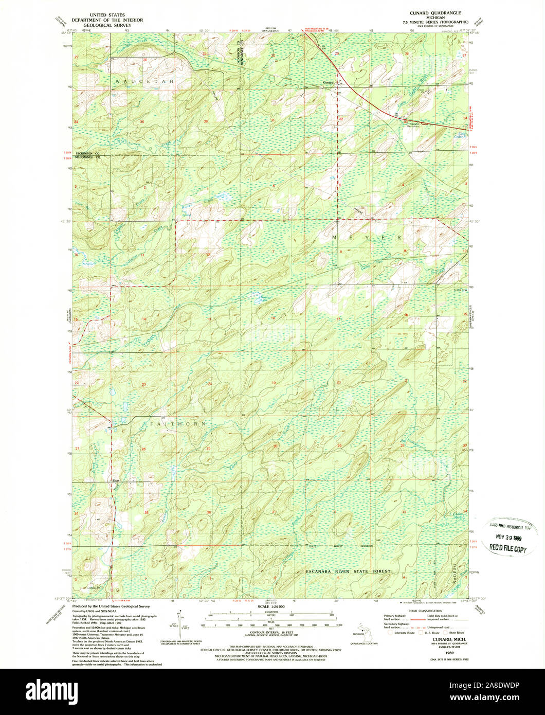 USGS TOPO Map Michigan MI Cunard 275921 1989 24000 Stock Photo - Alamy