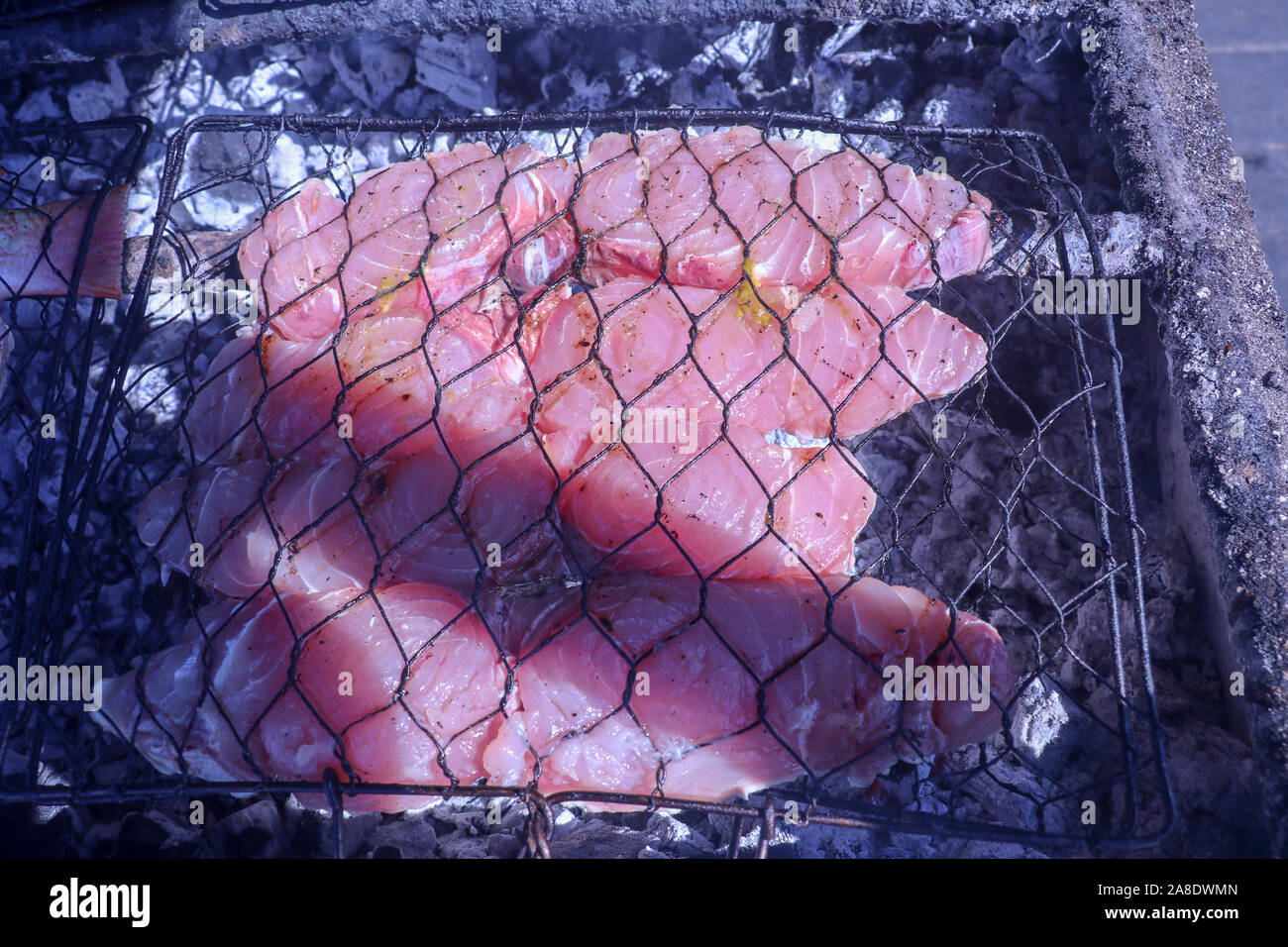 Fresh marlin steaks on charcoal grill. Raw pink healthy slices of meat ...