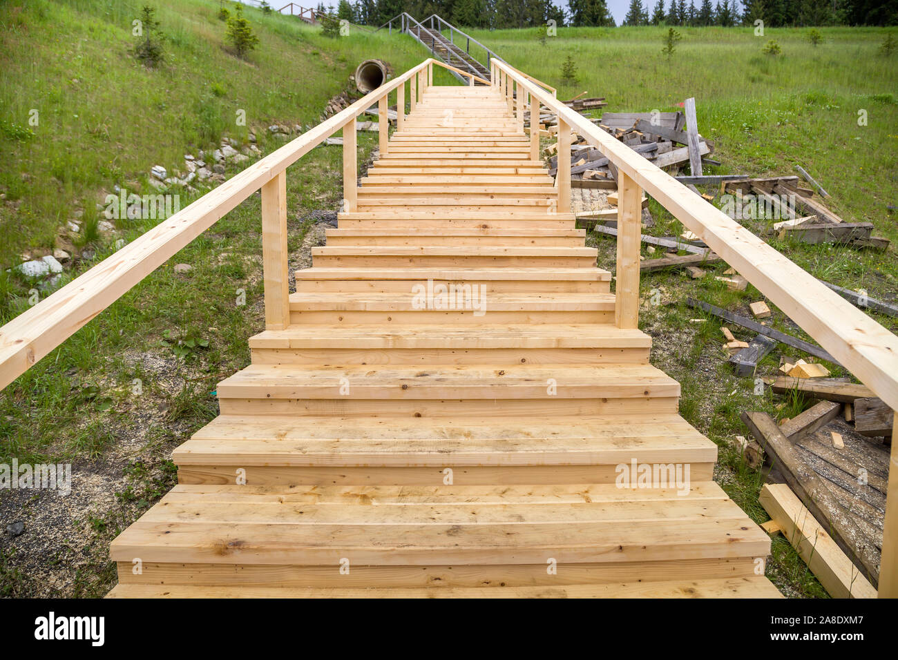 New wooden stairs outdoors. Carpenters work Stock Photo - Alamy