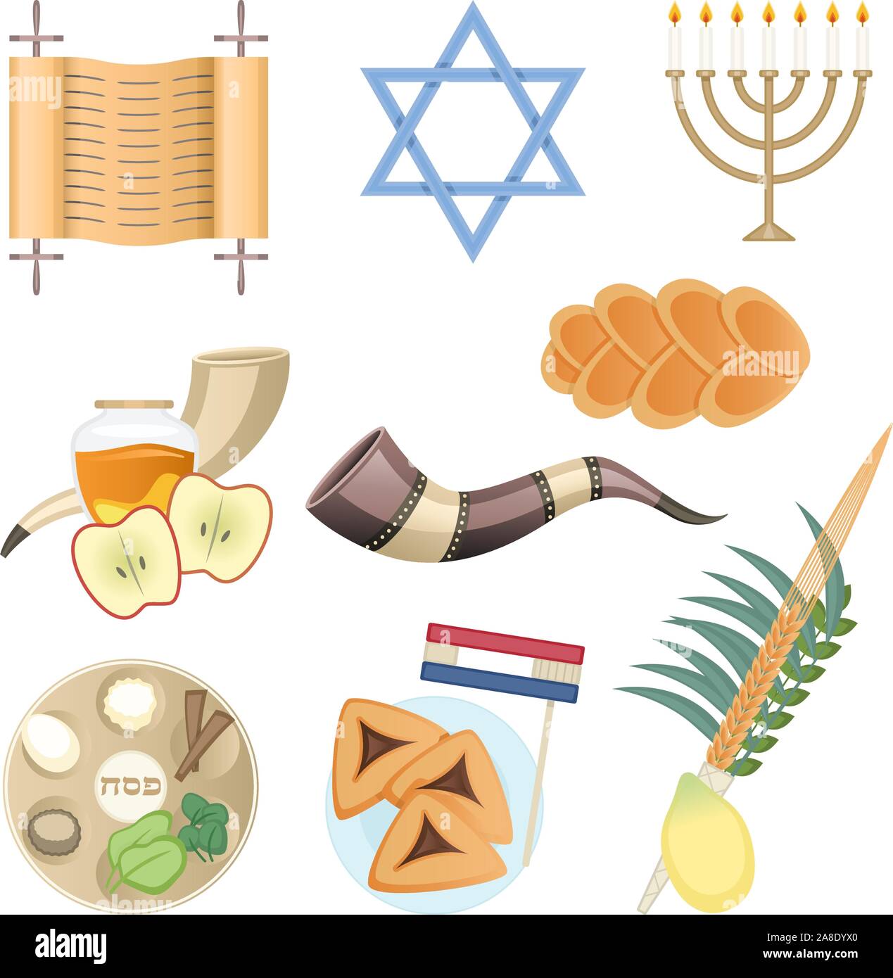 Jewish culture elements Torah hexagram menorah knishes bread pipe Stock ...