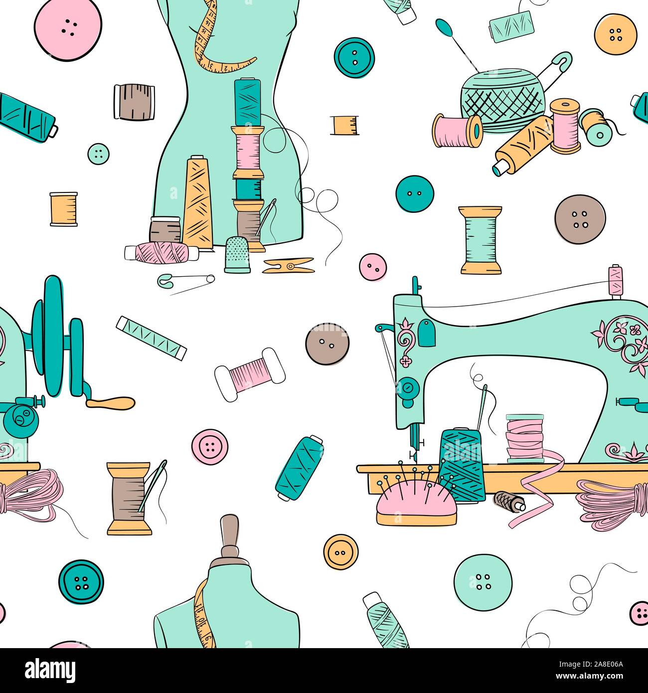 Color seamless pattern set template. Objects for sewing, handicraft.kit ...