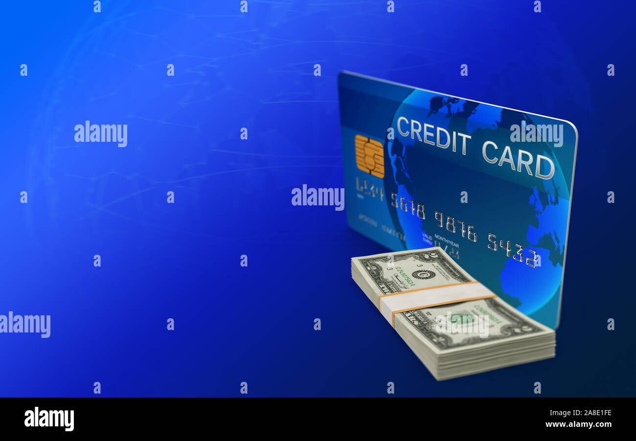 3D credit card scene with collection of paper and coin US Dollars ...