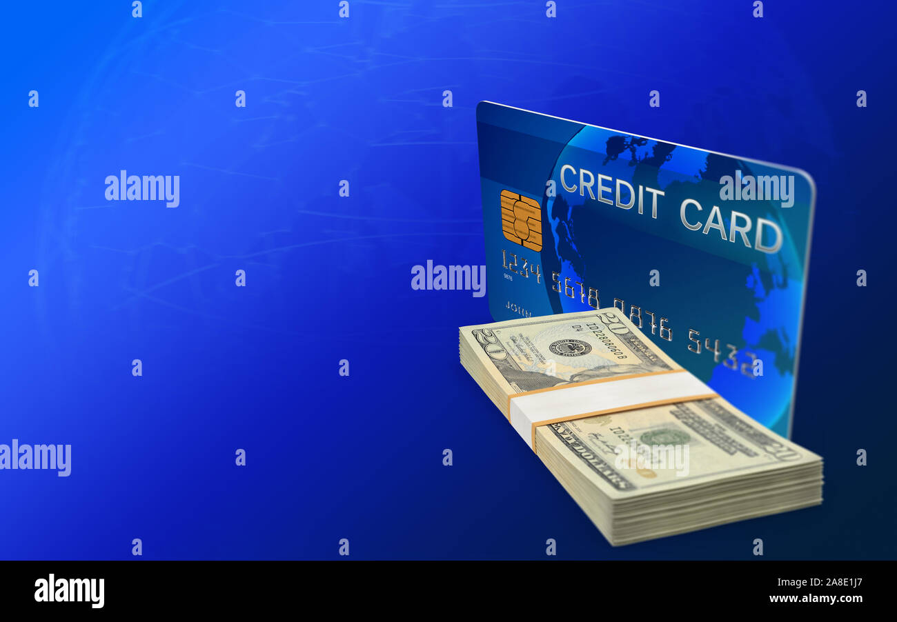 3D credit card scene with collection of paper and coin US Dollars ...