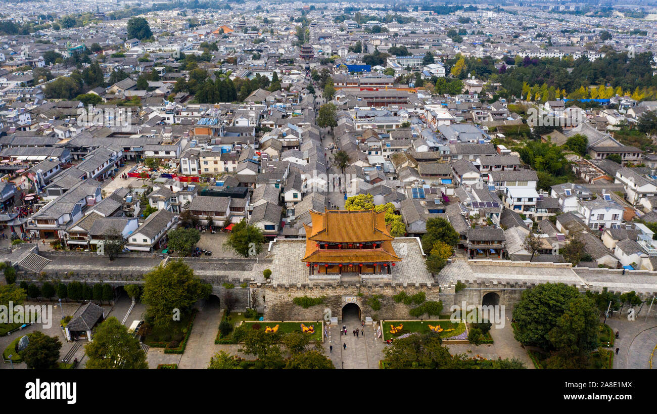 This aerial view shows Dali Ancient Town in Dali City, Dali Bai ...