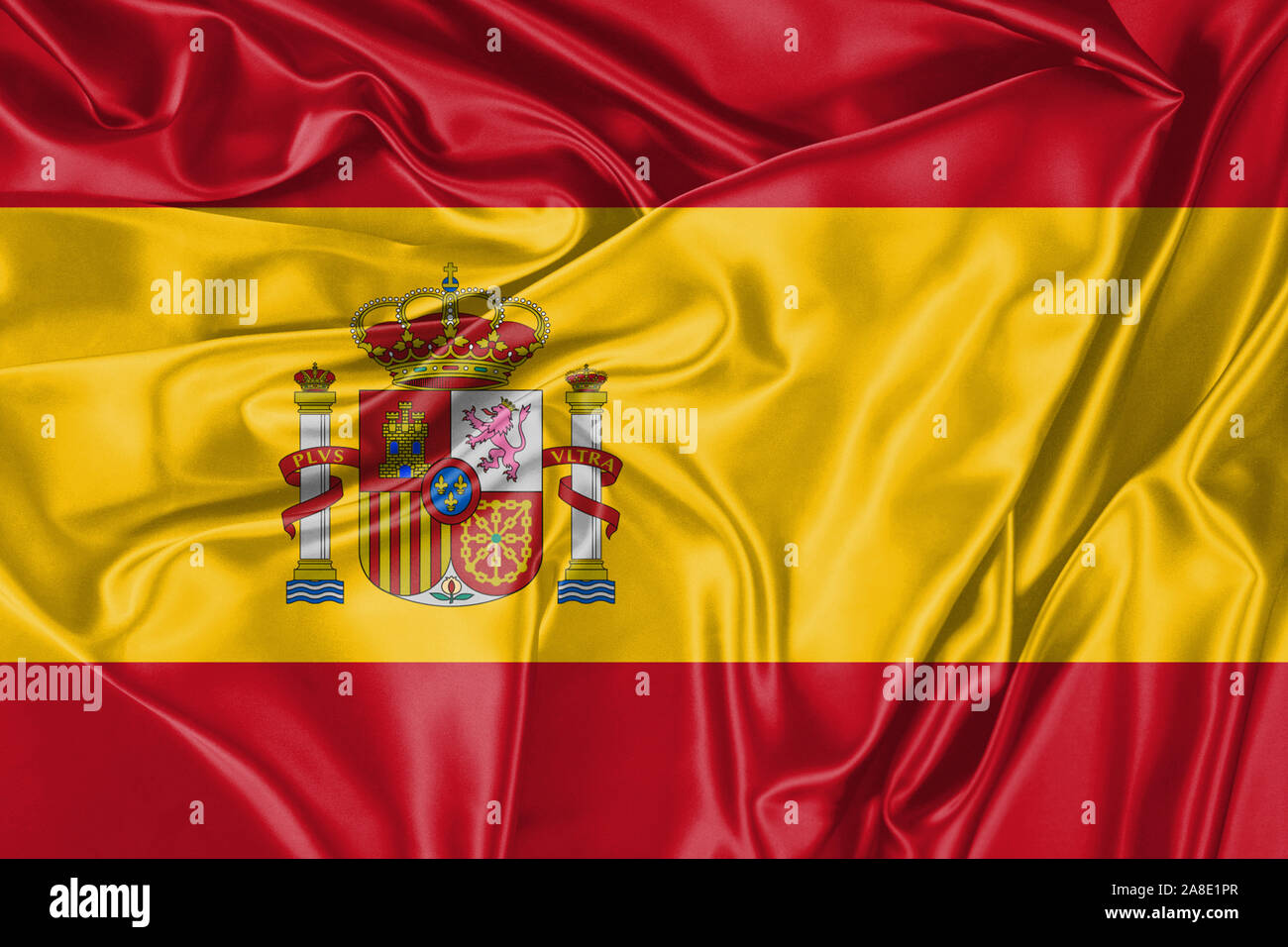 Shiny crippled Spanish flag is laying on a surface. Realistic ...