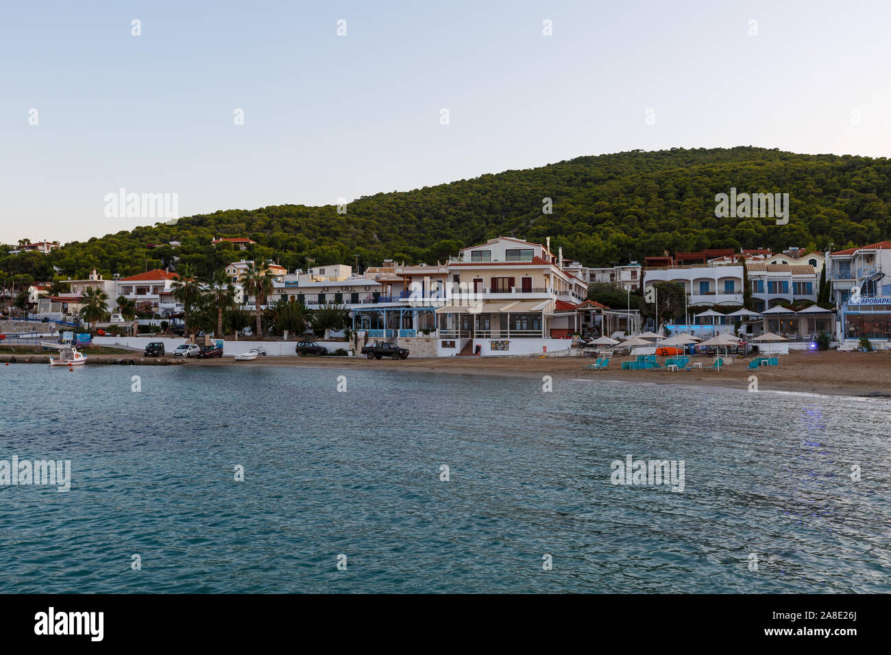 Skala, Greece - November 02, 2019: Beach in the harbour of Skala ...