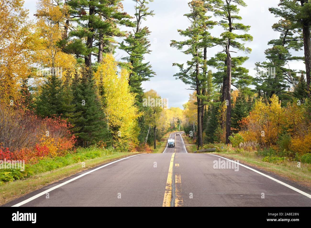 Camper and pickup truck drive below tall pines and autumn color on the ...