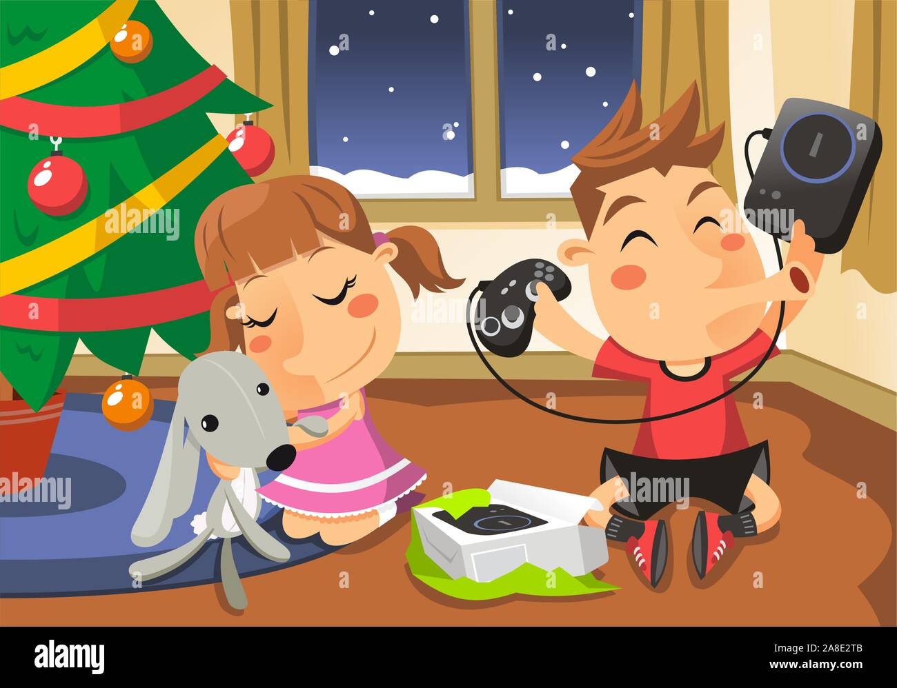 Christmas scene of children opening presents Stock Vector Image & Art ...