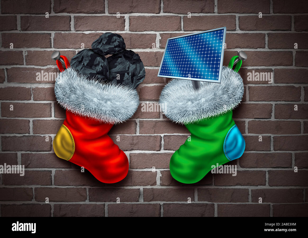 Coal and solar panel as chunks of fossil fuel in a holiday stocking and ...