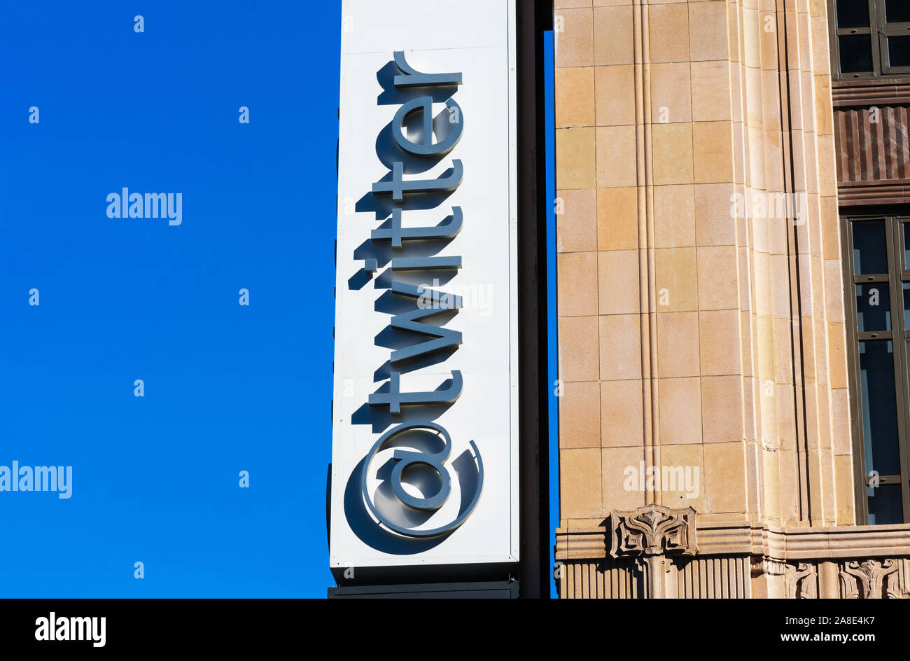Twitter sign and logo on facade of global headquarters building at 1355 ...