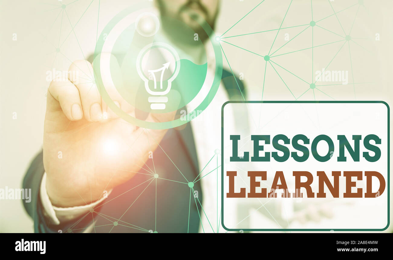 Writing note showing Lessons Learned. Business concept for the knowledge or understanding gained ...