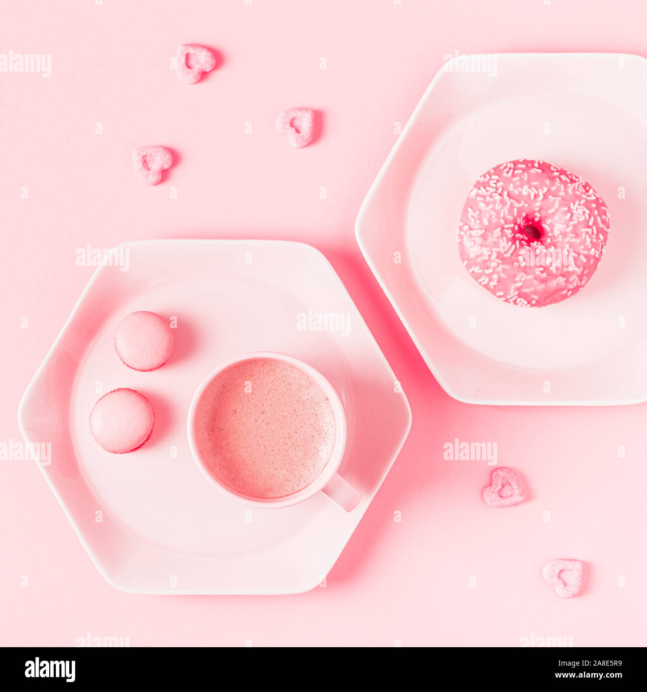 Breakfast with coffee on a pastel pink background. Flat lay, top view ...