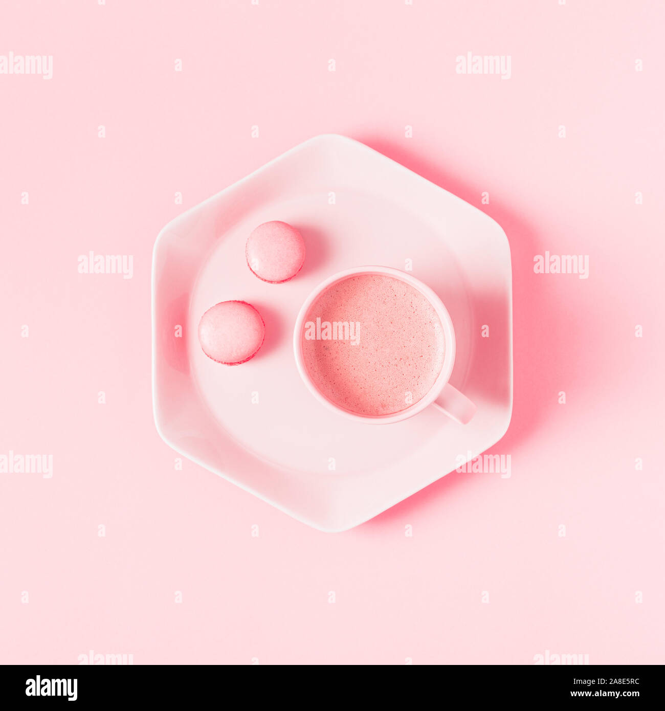 Breakfast with coffee on a pastel pink background. Flat lay, top view ...