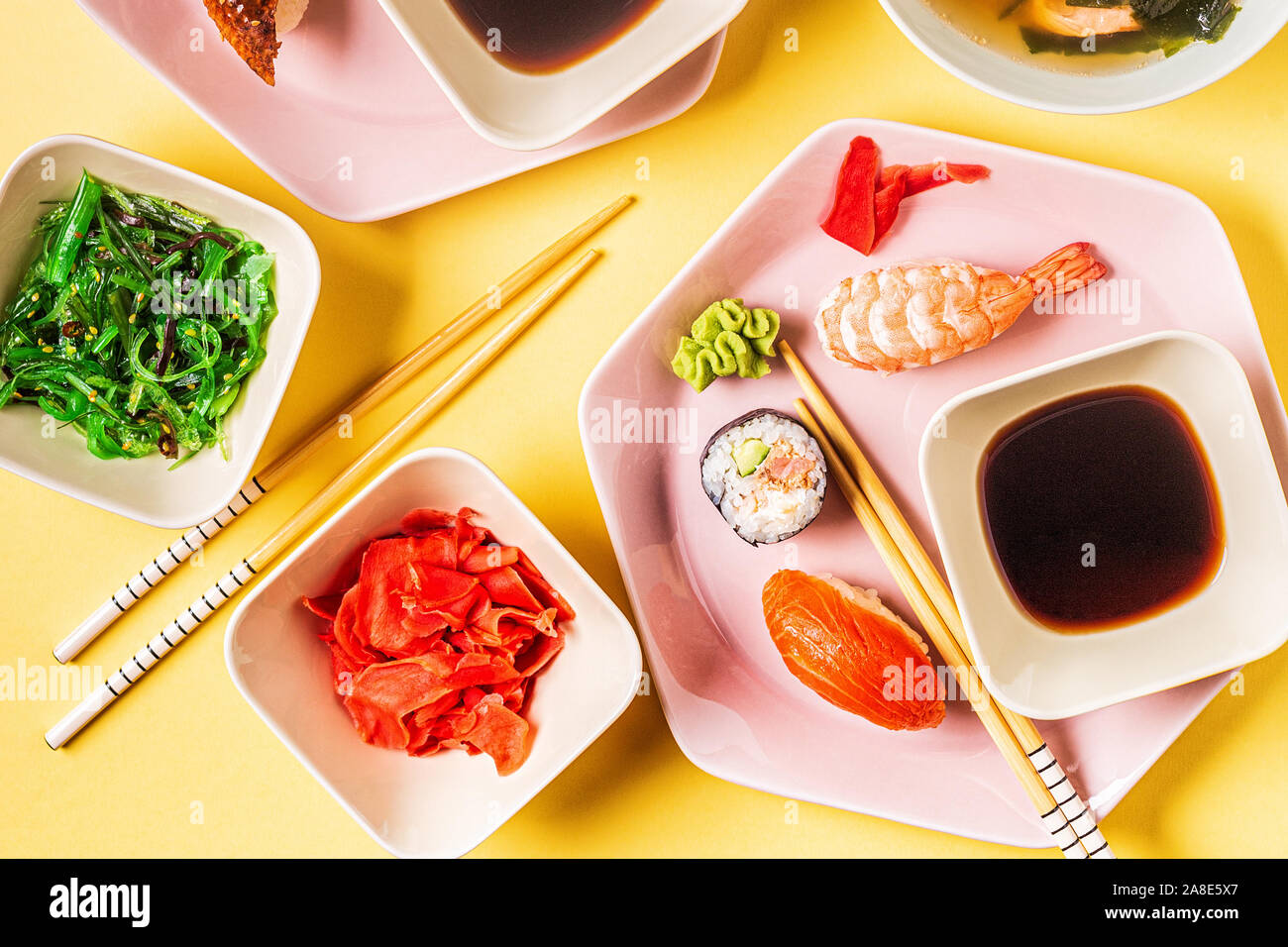 Table with traditional japanese food, top view Stock Photo - Alamy
