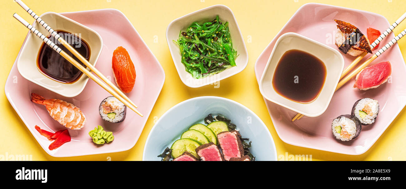 Table with traditional japanese food, top view Stock Photo - Alamy
